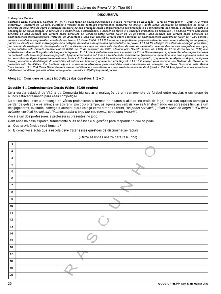 FCC 2018 Sec Ba Professor Padrao P Matematica Discursiva Prova | PDF ...