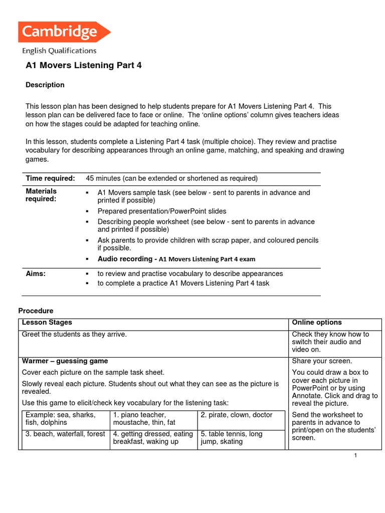 A1 Movers Listening Part 4 Lesson Plan | PDF | Vocabulary | Lesson Plan