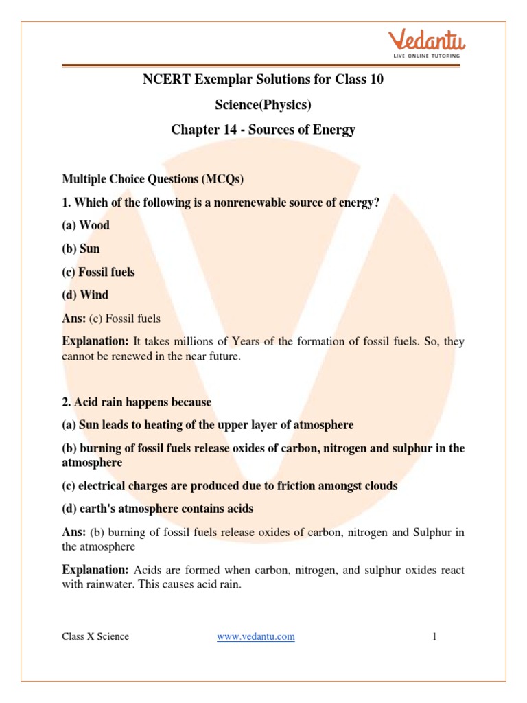 NCERT Exemplar For Class 10 Science Chapter 14 | PDF | Energy ...
