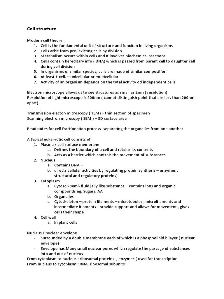 H2 BIO Cell Structure Notes | PDF | Endoplasmic Reticulum | Cell Membrane