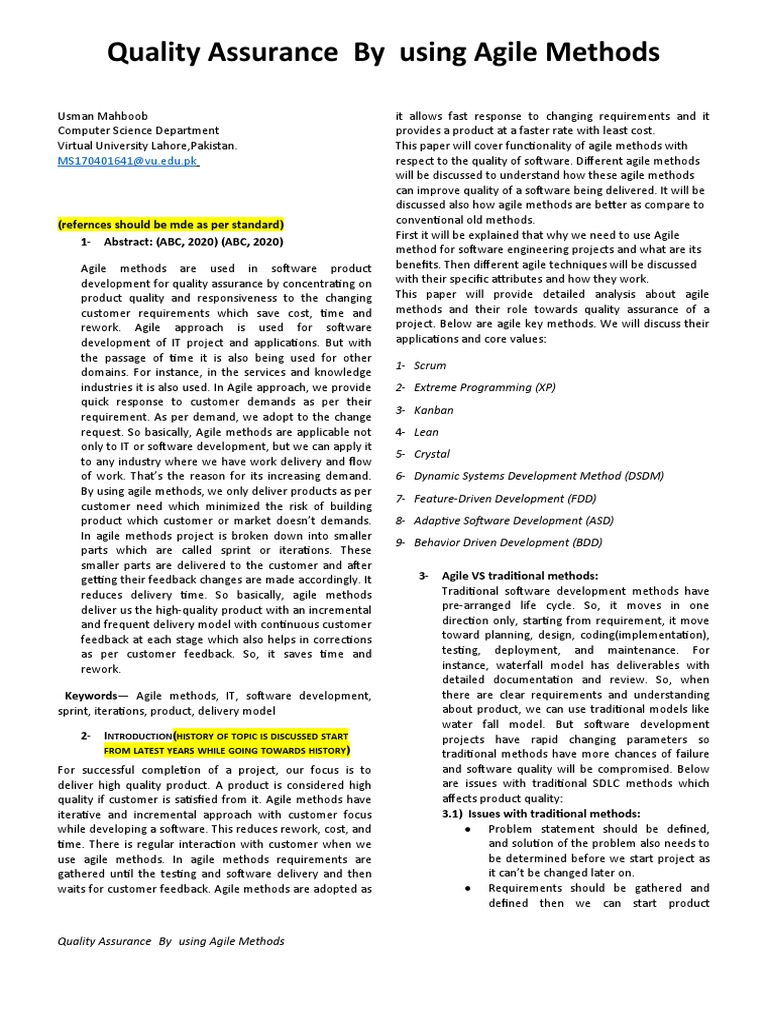 Quality Assurance - by - Agile Methods | PDF | Agile Software ...