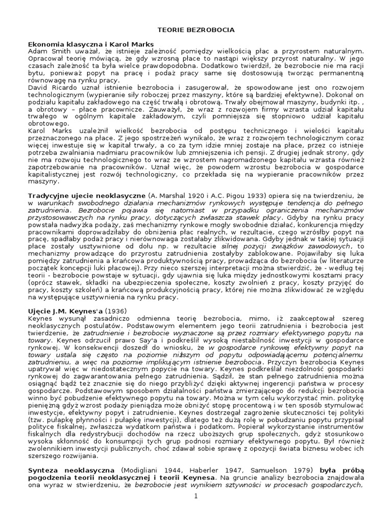 Notatek PL Teorie Bezrobocia | PDF