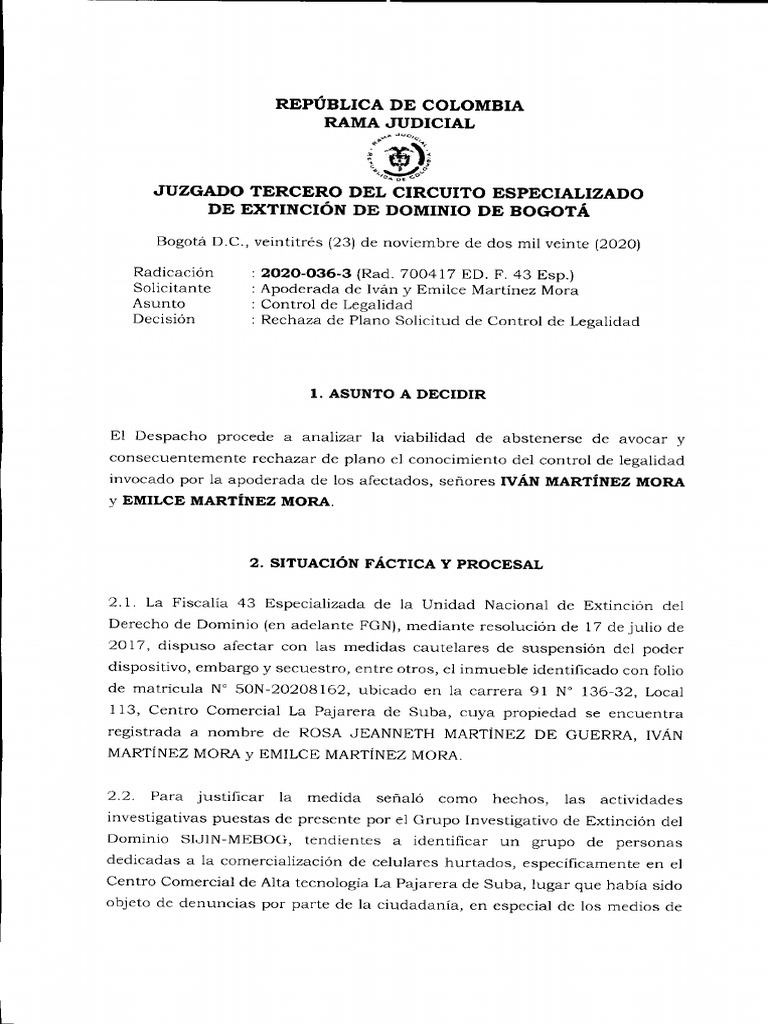2020-036-3 - Rechaza de Plano Control de Legalidad | PDF