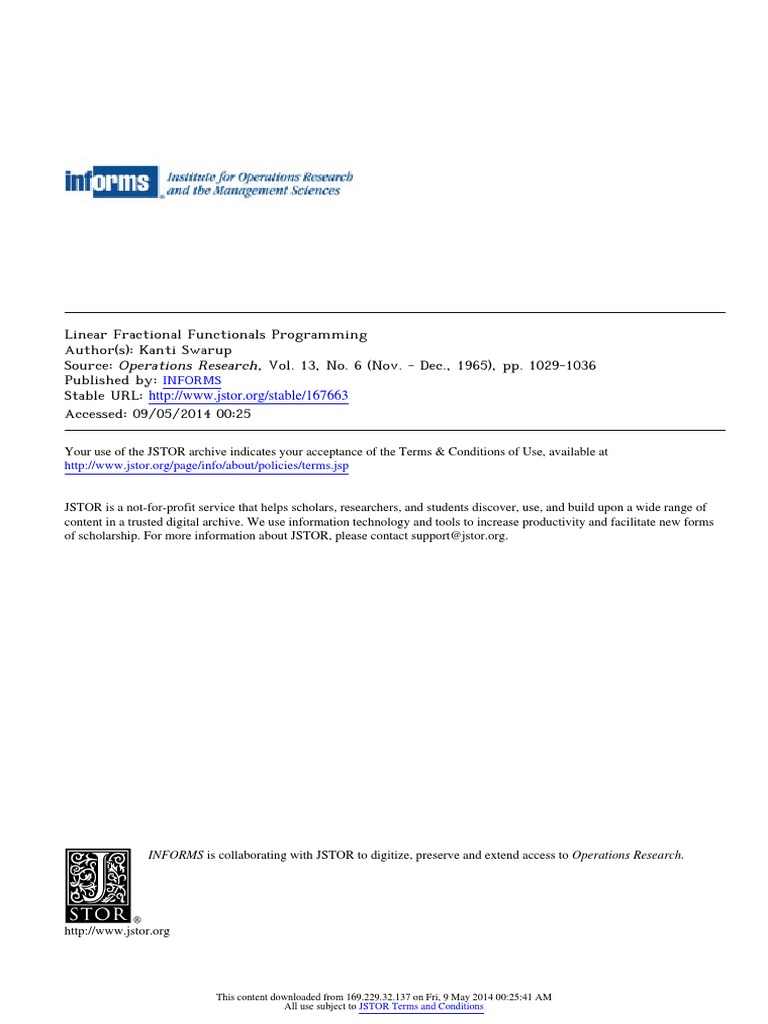 (Operations Research 1965-Nov-Dec Vol. 13 Iss. 6) Kanti Swarup - Linear Fractional Functionals ...