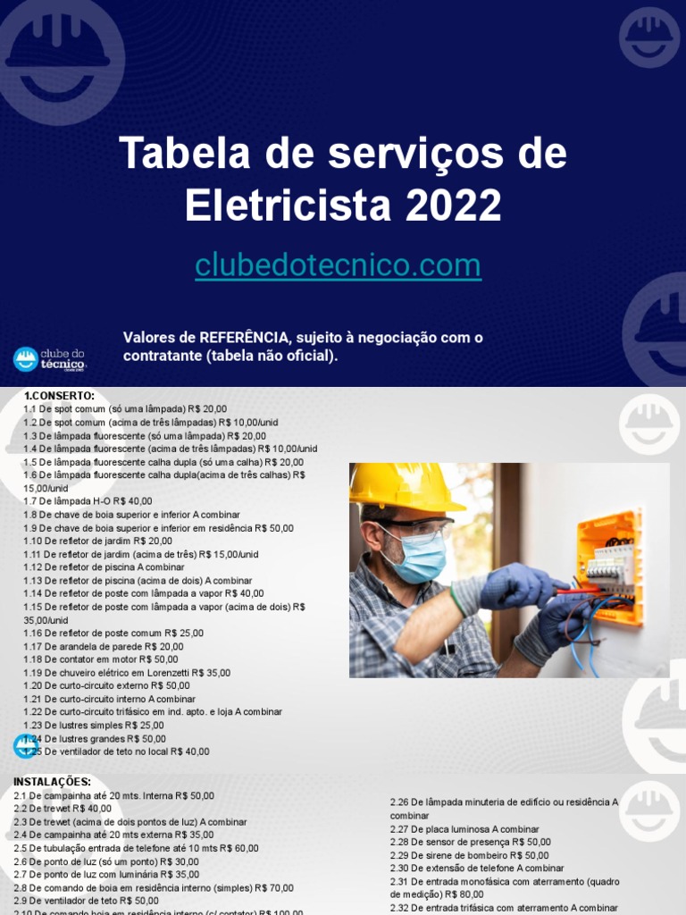 Tabela Eletricista 2022 | PDF