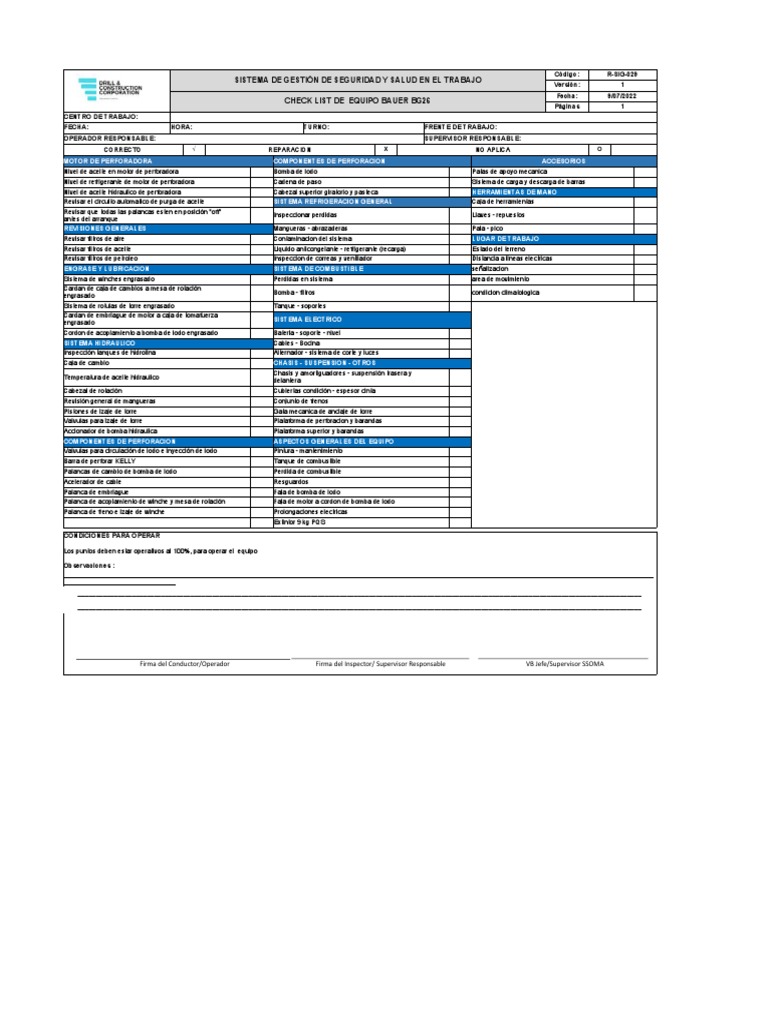 R-Sig-029-Check List de Equipo Bauer BG26 | PDF | La plataforma de ...
