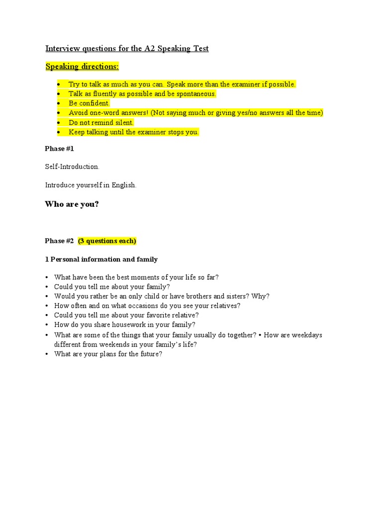 Interview Questions For The A2 Speaking Test | PDF | Communication ...