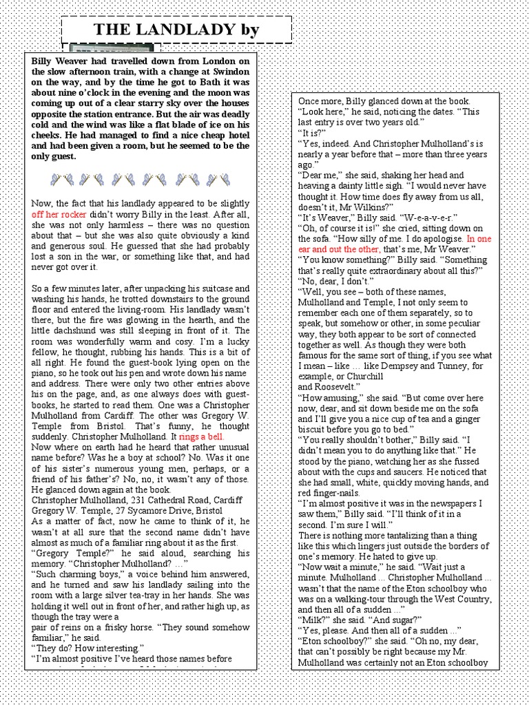 The Landlady by Roald Dahl Fun Activities Games Reading Comprehension ...