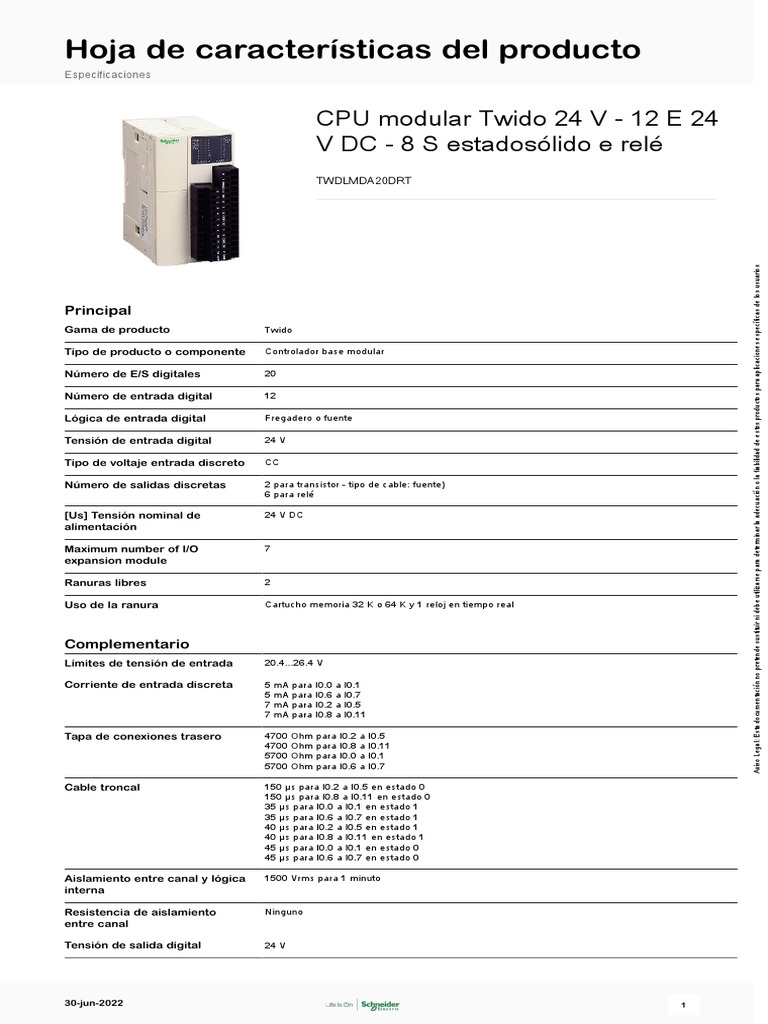 Especificaciones del Twido TWDLMDA20DRT | PDF | Relé | Memoria de ...