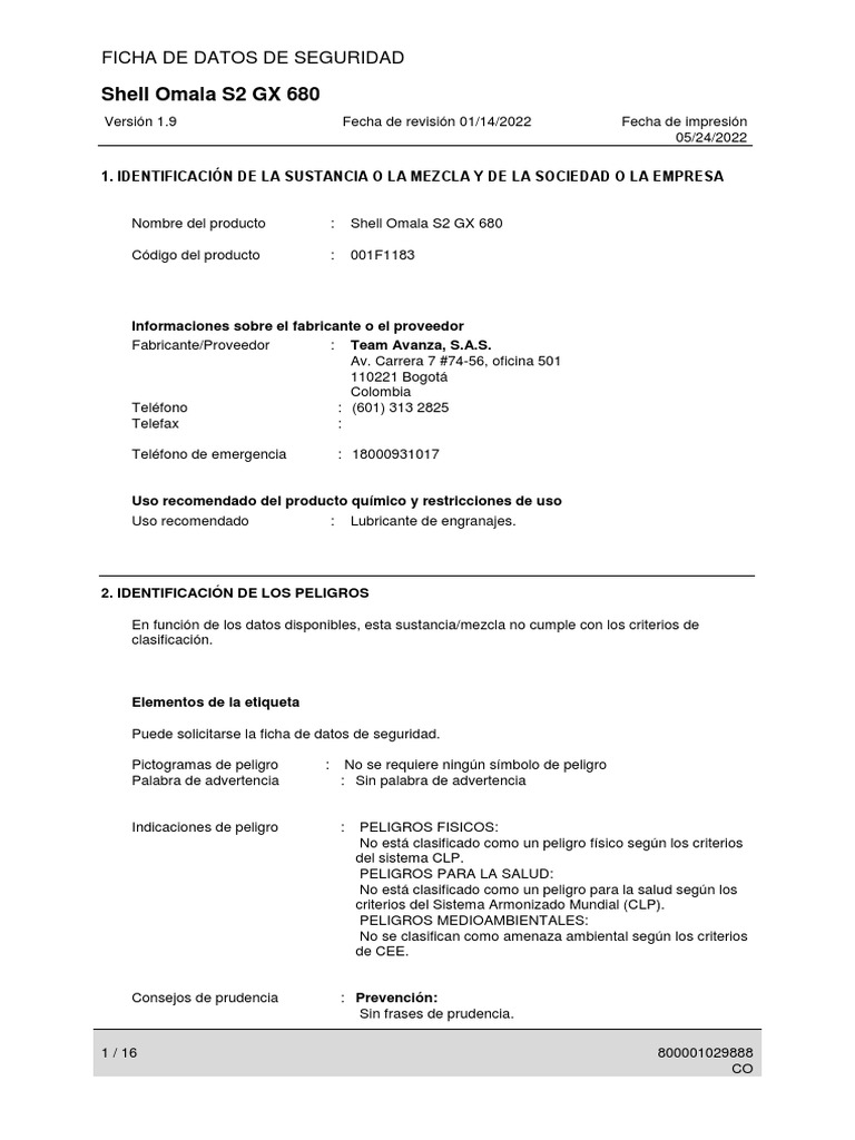 Shell Omala s2 GX 680 Msds | PDF | Agua | Contaminación