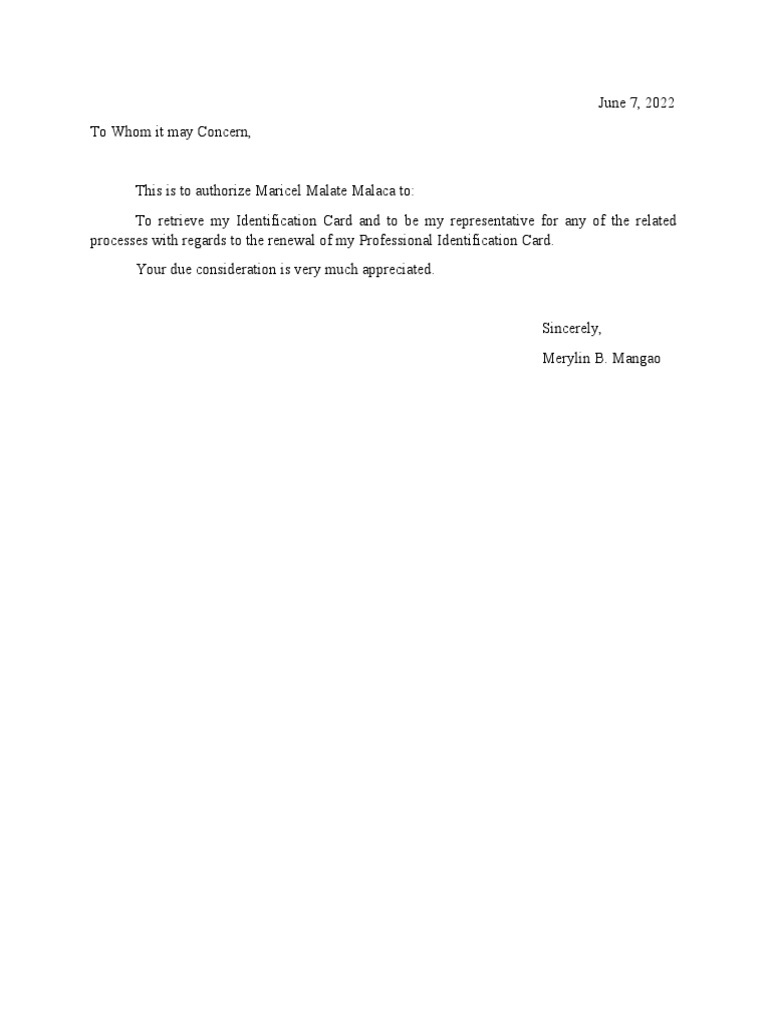 Letter of Authorization for Maricel Malate Malaca to Retrieve and Renew ...