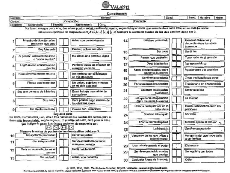 Plantilla Test de Valanti | PDF