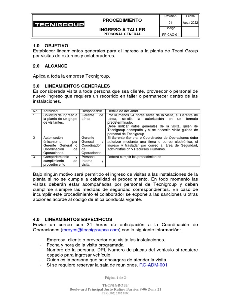 PR-CAO-001 Ingreso A Taller | Descargar gratis PDF | Informática