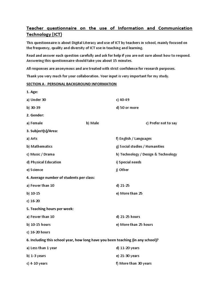 3 Teacher Questionnaire On The Use of ICT | Download Free PDF | Educational Technology | Internet