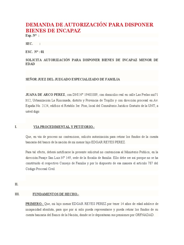 Autorización para Disponer Bienes de Incapaz | PDF | Ley procesal ...