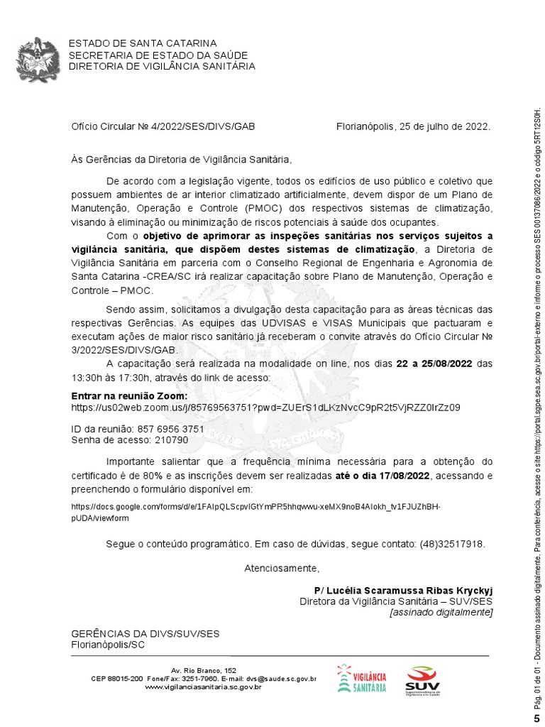 Ofício Circular 4.2022 As Gerências Da DIVS Capacitação PMOC | PDF Ofício Circular 4.2022 As Gerências Da DIVS Capacitação PMOC | PDF