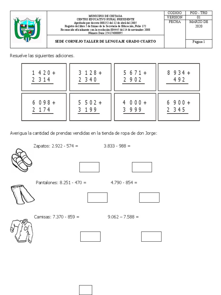 Taller Matemático Grado Cuarto | PDF | Exponenciación | Multiplicación
