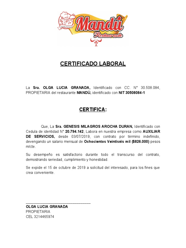 Certificado Laboral de Genesis Arocha | PDF
