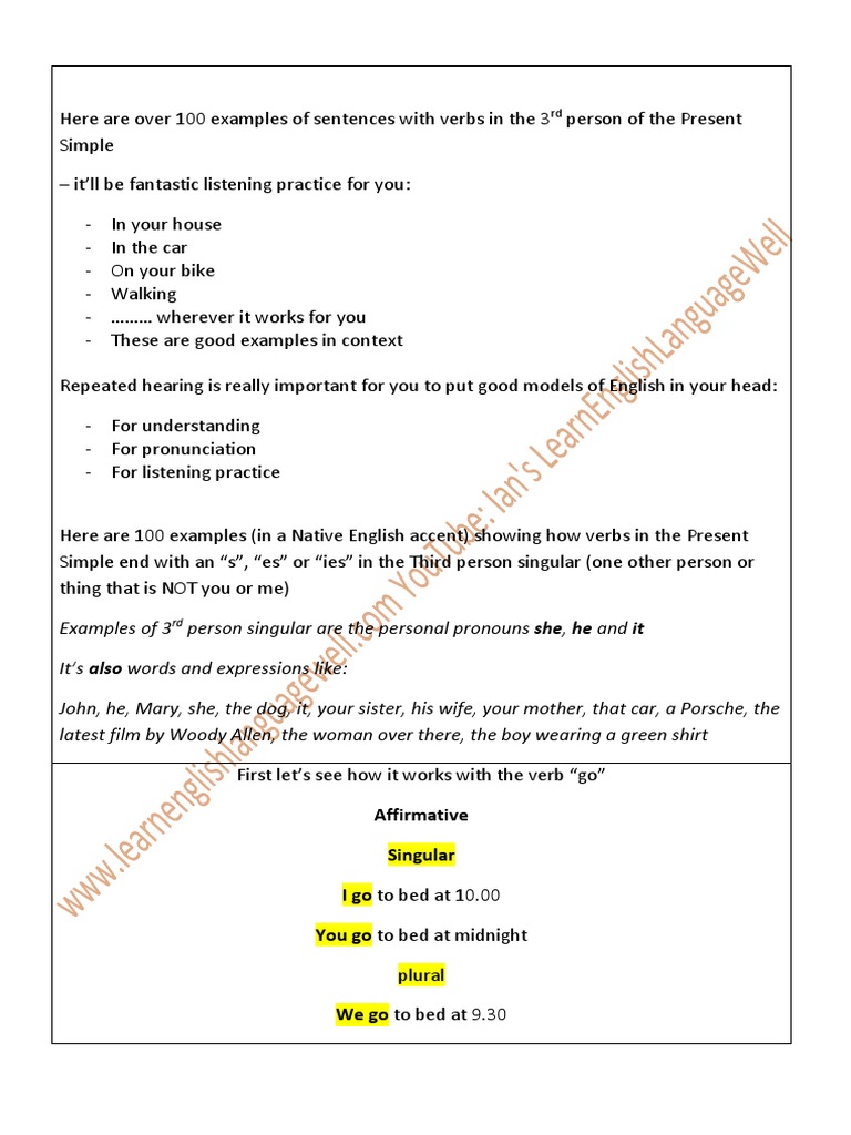 100 Example Sentences 3rd Person Sing Present Simple PDF | PDF ...