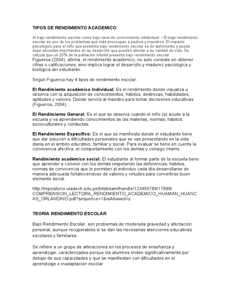 Tipos de Rendimiento Academico | PDF | Aprendizaje | Evaluación