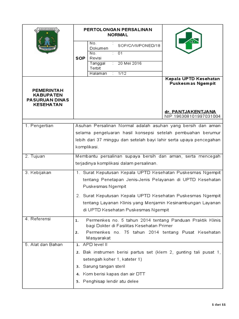 SOP PERTOLONGAN PERSALINAN NORMAL - Rev | PDF
