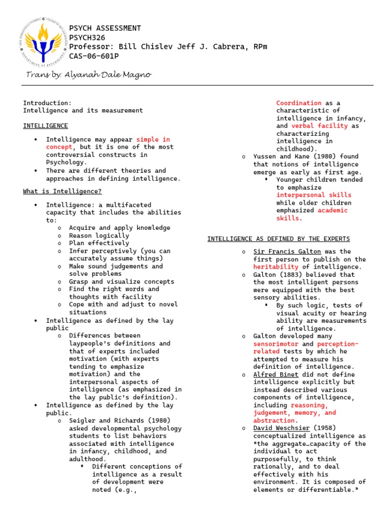 Psych Assessment Trans Lec1 | PDF | Intelligence | Schema (Psychology)