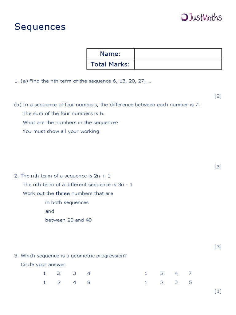 (35371) Practice Test Sequences - Just Maths | PDF | Sequence ...