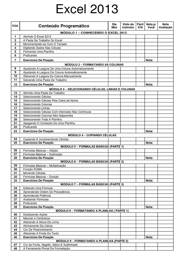 Excel 2013 Conteúdo Programático | PDF | Microsoft Excel | Planilha
