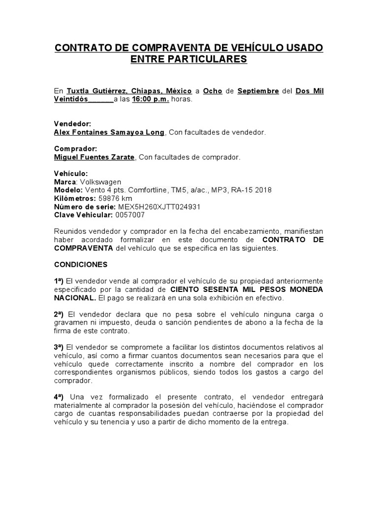 Contrato de Compraventa de Vehículo Usado Entre Particulares | PDF