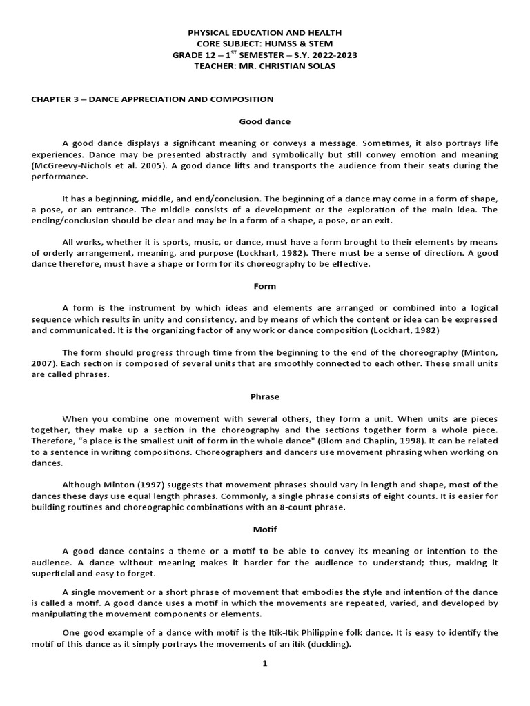 Dance Composition and Appreciation Guide | PDF | Dances | Musical Forms