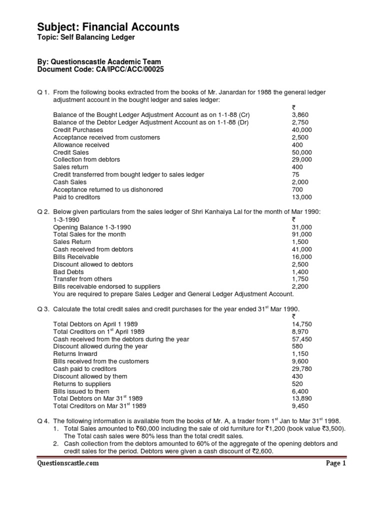 Self Balancing Ledger Question Bank | PDF | Debits And Credits | Debt