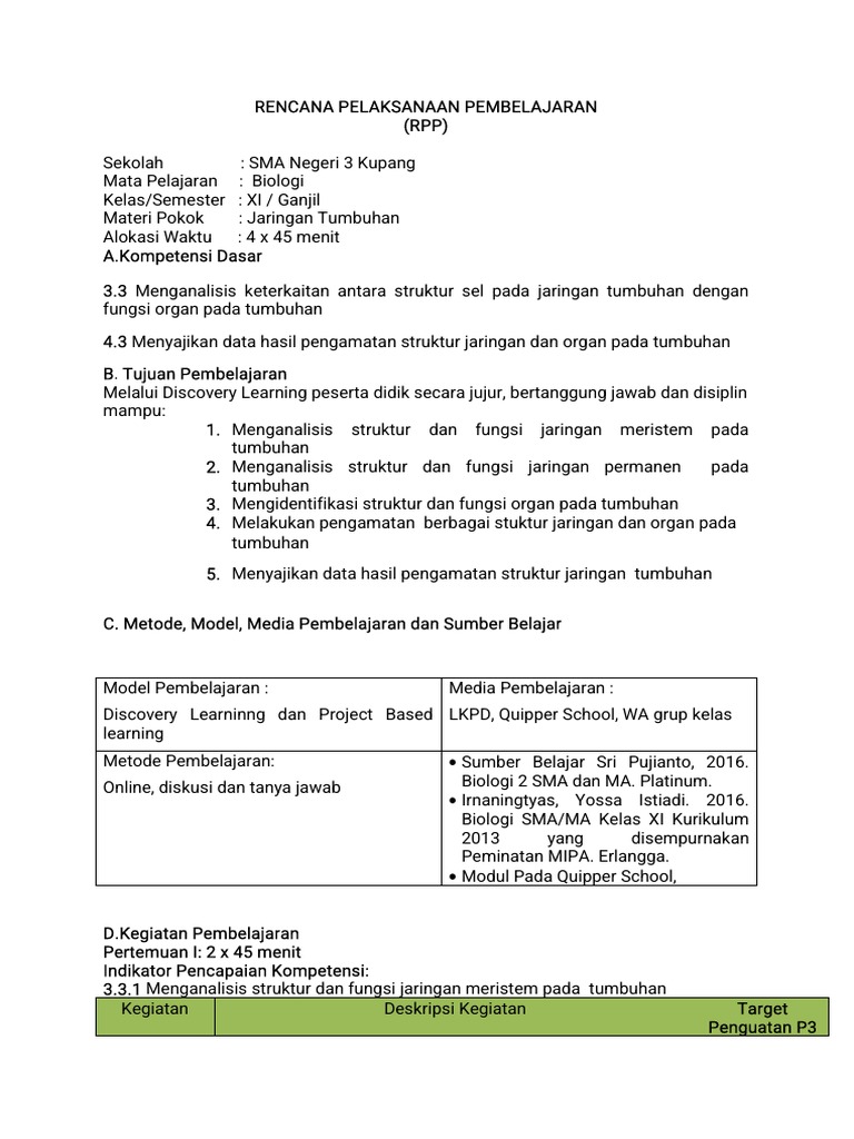 RPP Jaringan Tumbuhan Kelas 11 | PDF