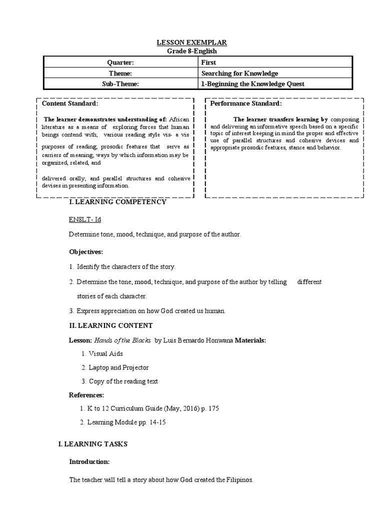 G8 English Lesson Exemplar 1st Quarter | PDF | Learning | Libraries