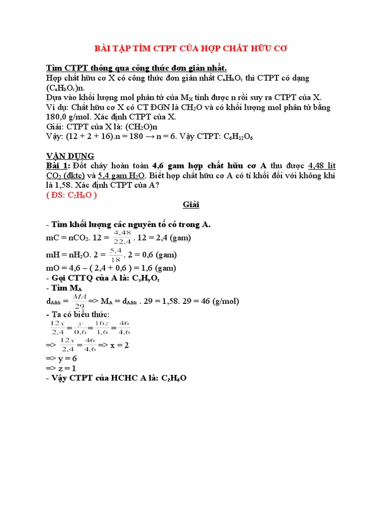 BÀI TẬP TÌM CTPT CỦA HỢP CHẤT HỮU CƠ | PDF