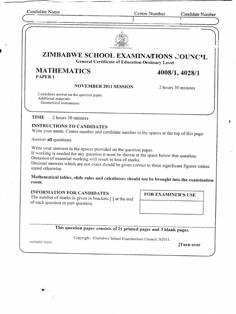 Zimsec November 2011 Maths Paper 1 | PDF