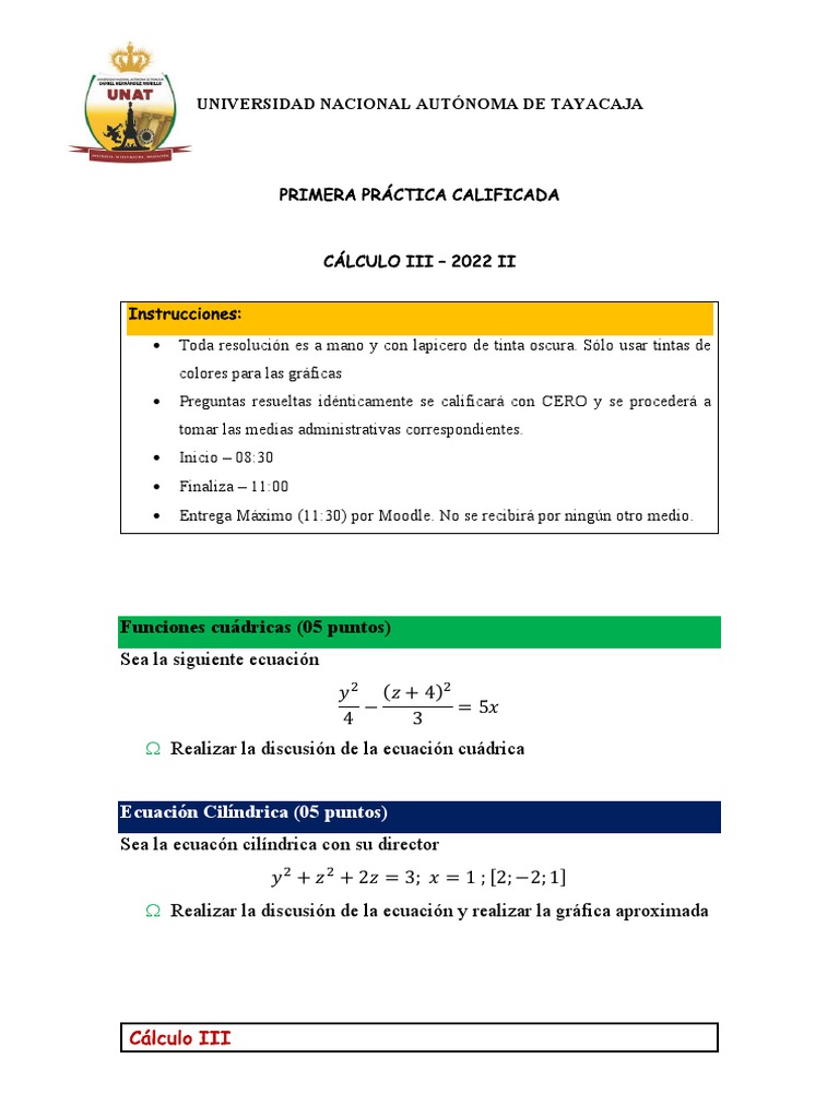 Primera Práctica Calificada - Cálculo Iiii | PDF