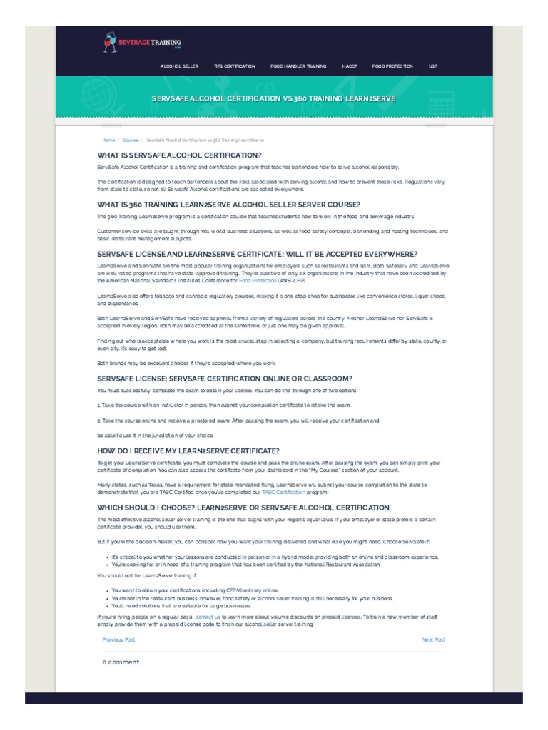 Servsafe Alcohol Certification Vs 360 Training Learn2serve | PDF ...