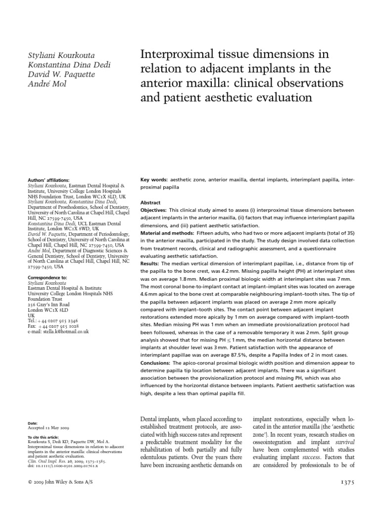 Interproximal Tissue Dimensions in Relation To Adjacent Implants in The ...