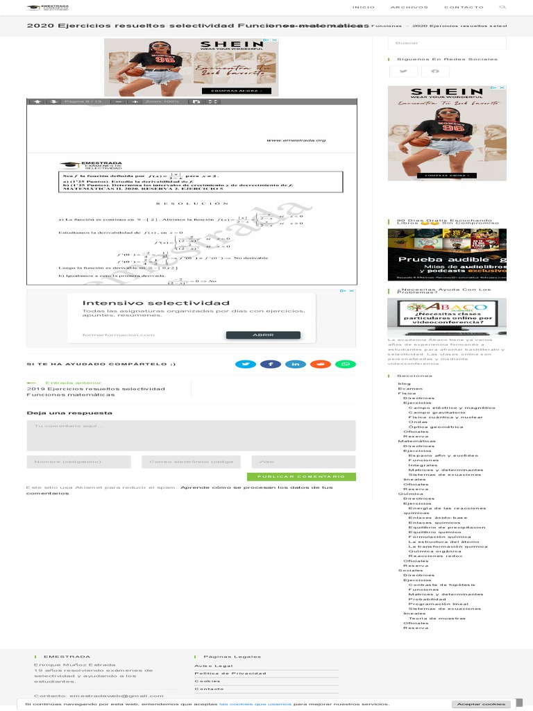 2020 Ejercicios Resueltos Selectividad Funciones Matemáticas ? Emestrada | PDF | Química ...