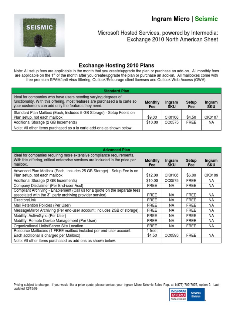 Intermedia - Exchange 2010 Pricing 12-15-09 | PDF | Backup | Share Point