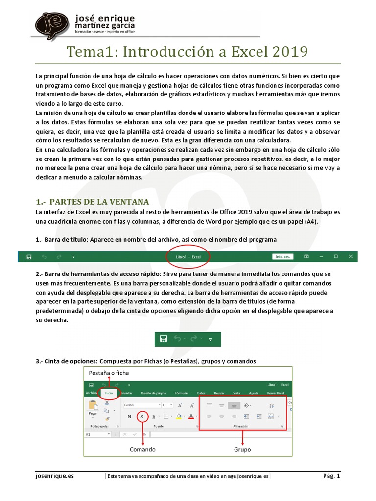 Tema1 Introduccion A Excel 2019 | PDF | Microsoft Excel | Hoja de cálculo