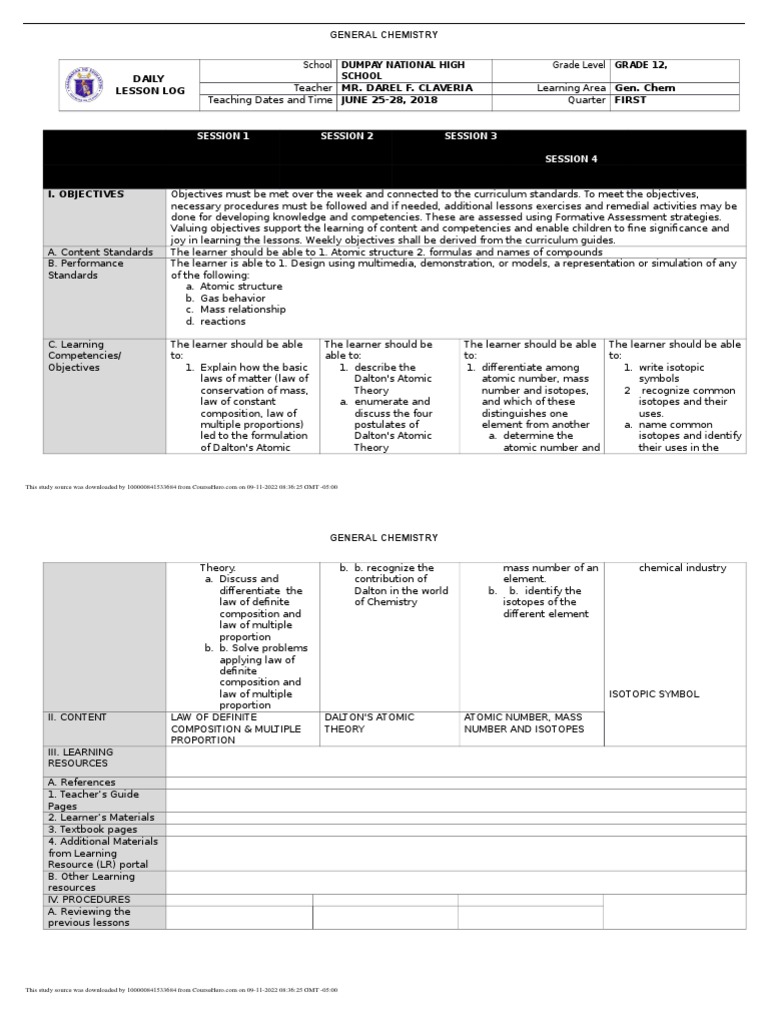 Chemistry DLL Week 2 | PDF | Learning | Chemical Elements