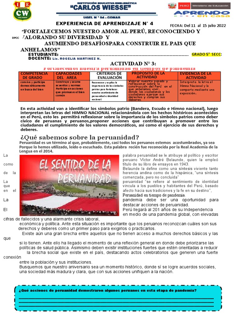 Eda #4 Act 3 DPCC 5°año | PDF | Perú | Amor