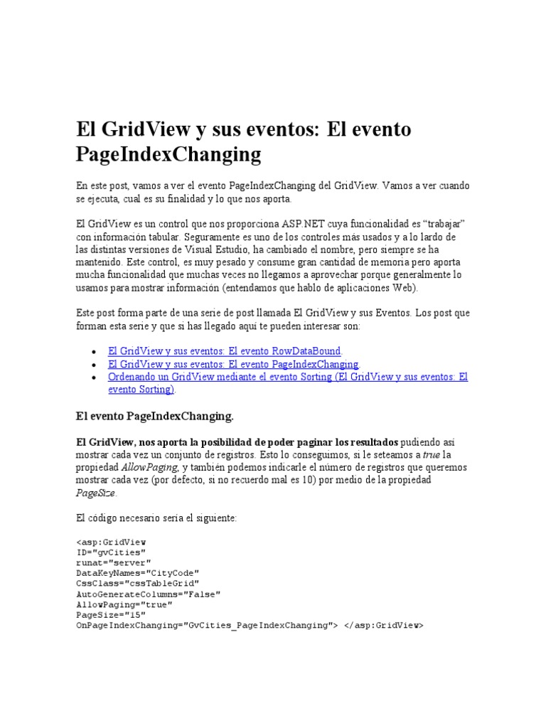 GridView: Evento PageIndexChanging | PDF | HTML | Ingeniería Informática