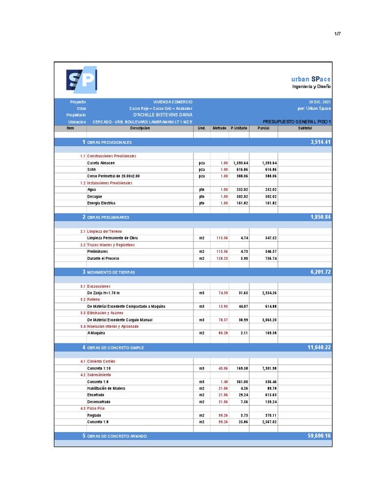 2-Presupuesto General - Piso 1 | PDF | Materiales de construcción | Diseño arquitectonico
