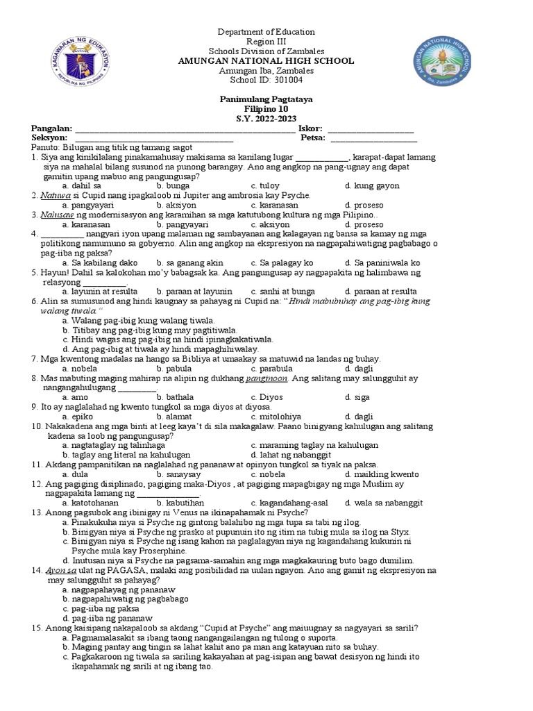 Pre Test Filipino 10 | PDF