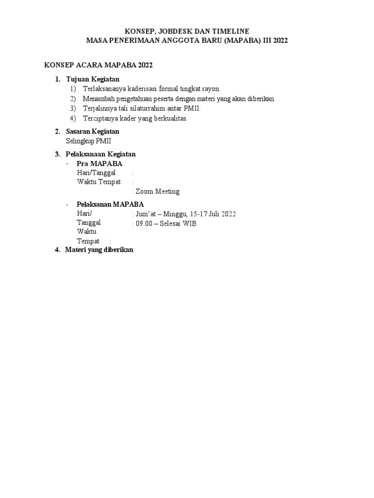 MAPABA 2022: Konsep, Jobdesk, dan Timeline | PDF