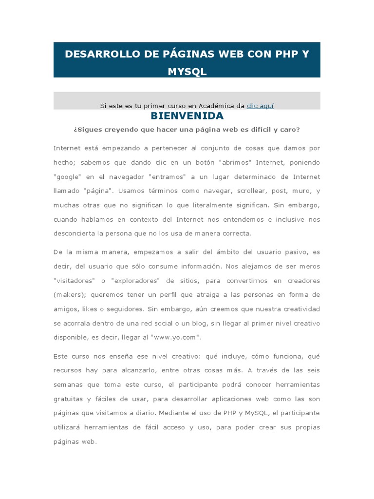 DESARROLLO DE PÁGINAS WEB CON PHP Y MYSQL | PDF | Red mundial ... DESARROLLO DE PÁGINAS WEB CON PHP Y MYSQL | PDF | Red mundial ...