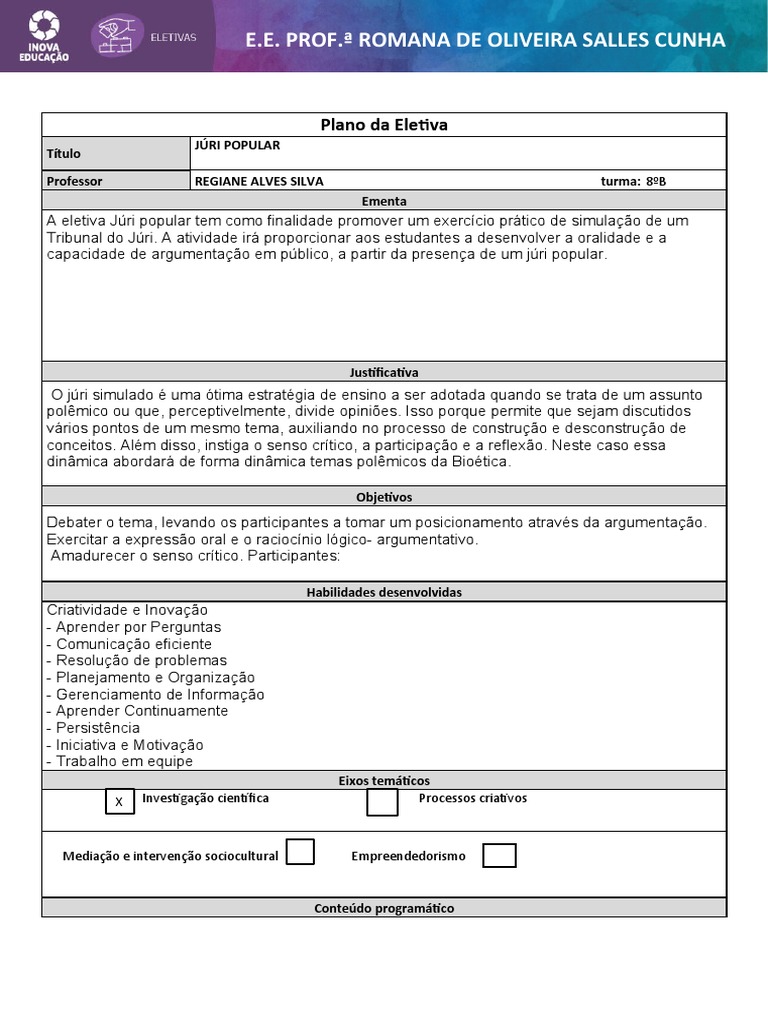 Eletiva de Júri Popular na Educação | PDF | Lição | Aprendizado