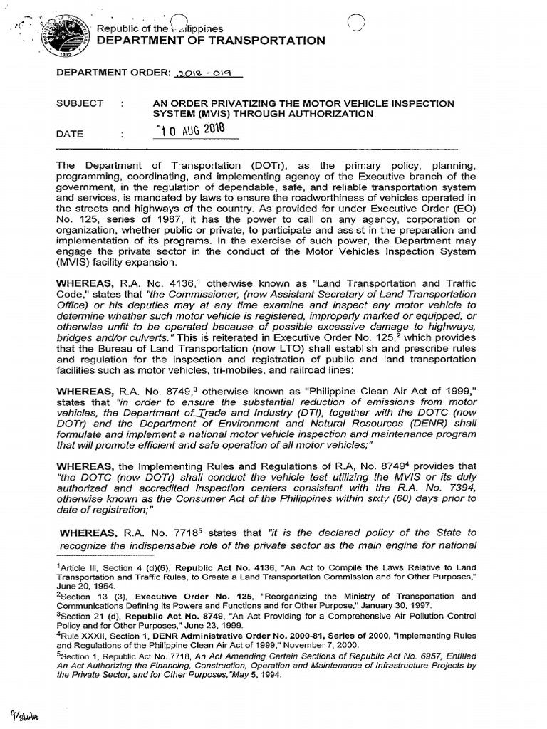 Department Order No.2018-019 - An Order Privatizing The Motor Vehicle ...